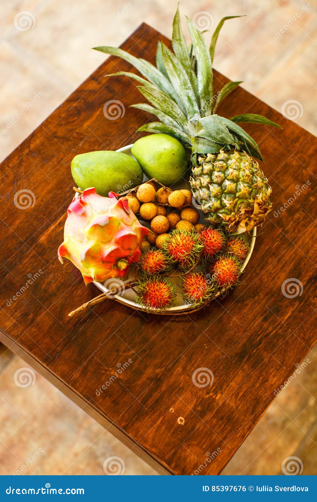 Exotic Fruits on Plate: Mango, Dragon Fruit; Mango; Pineapple an Stock ...