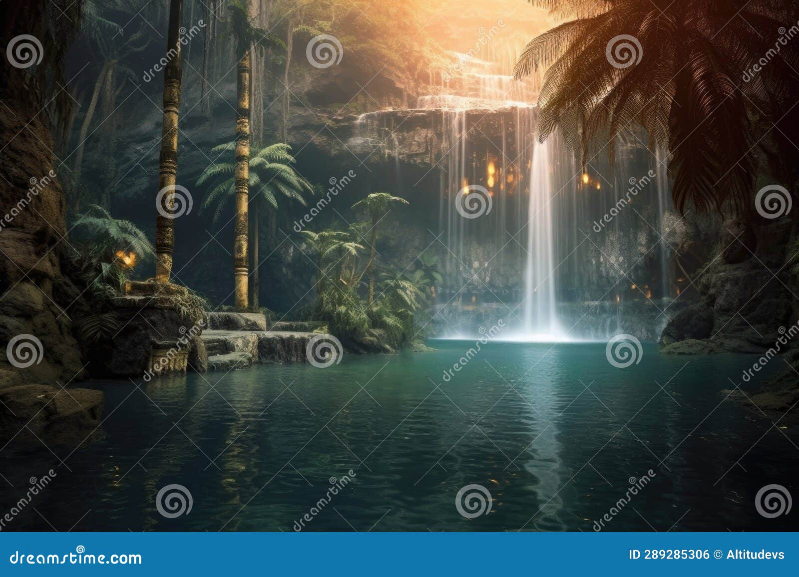 Exotic, Glowing Waterfall Cascading into a Misty Pool Stock Photo ...