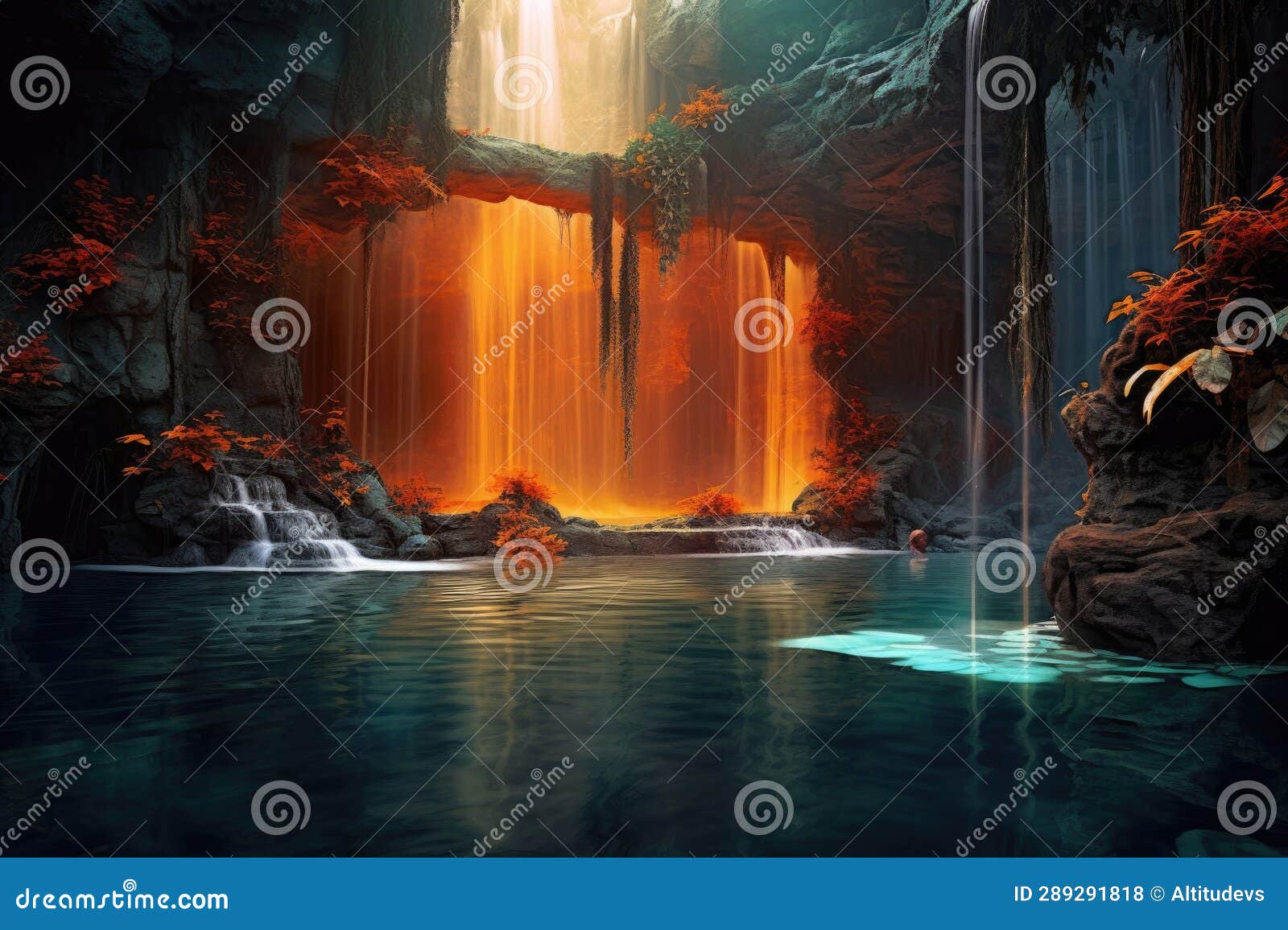 Exotic, Glowing Waterfall Cascading into a Misty Pool Stock Photo ...