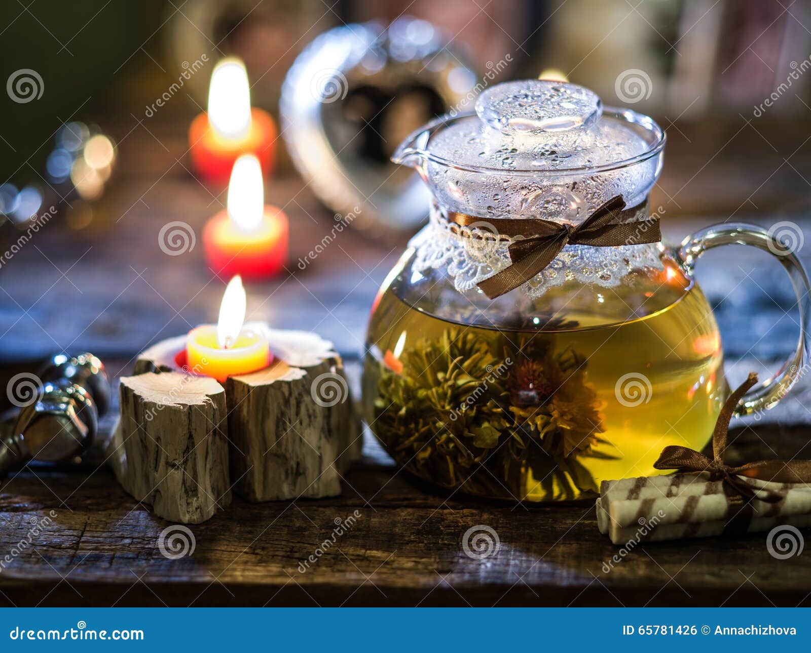 Exotic Green Tea with Flowers in Glass Teapot Stock Photo - Image of ...