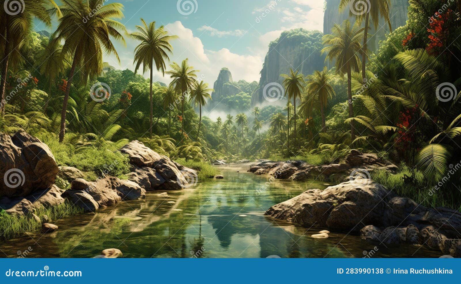 Exotic Landscape, Palm Trees Mountains. Generative AI Stock ...