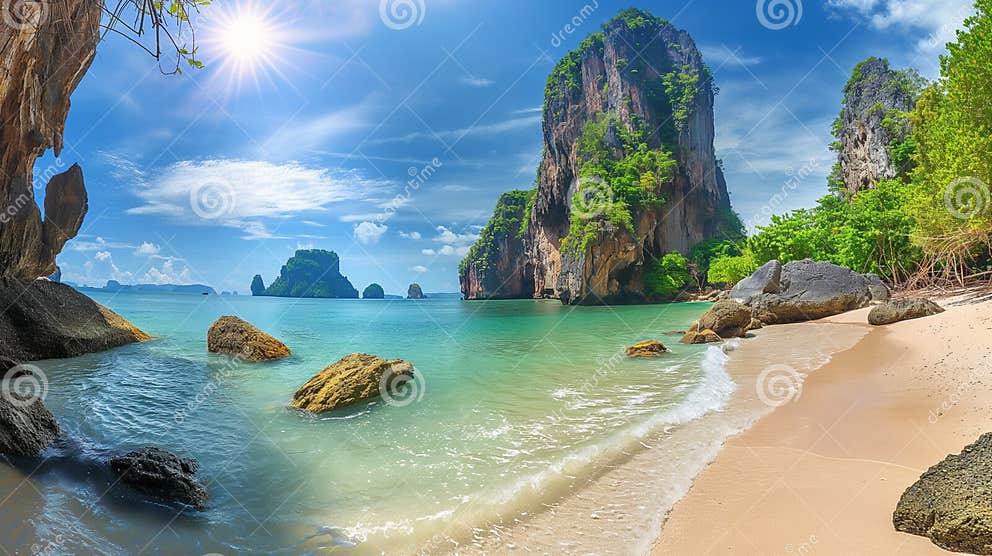 Exotic Paradise Beach with Dramatic Rock Formations Stock Illustration ...