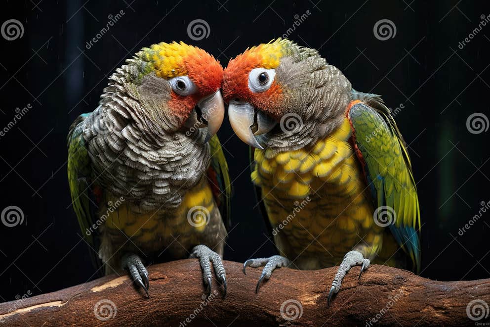 Exotic Parrots Preening Each Other on a Perch Stock Illustration ...