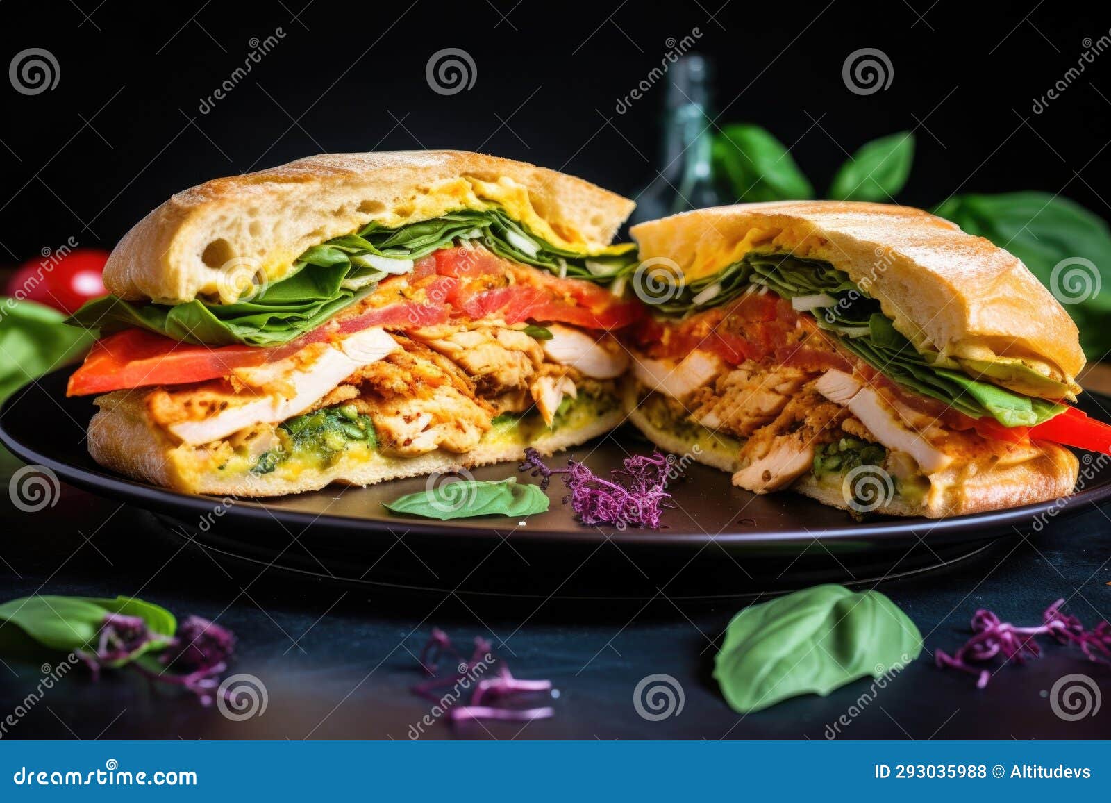 Exotic Sandwich with Curry Chicken and Fresh Green Basil Stock Photo ...
