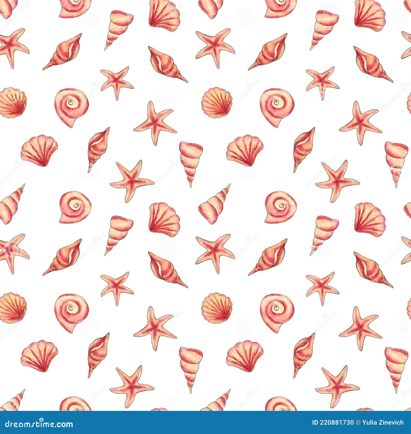 Exotic Small Seashells on a White Background. Seamless Pattern Stock ...