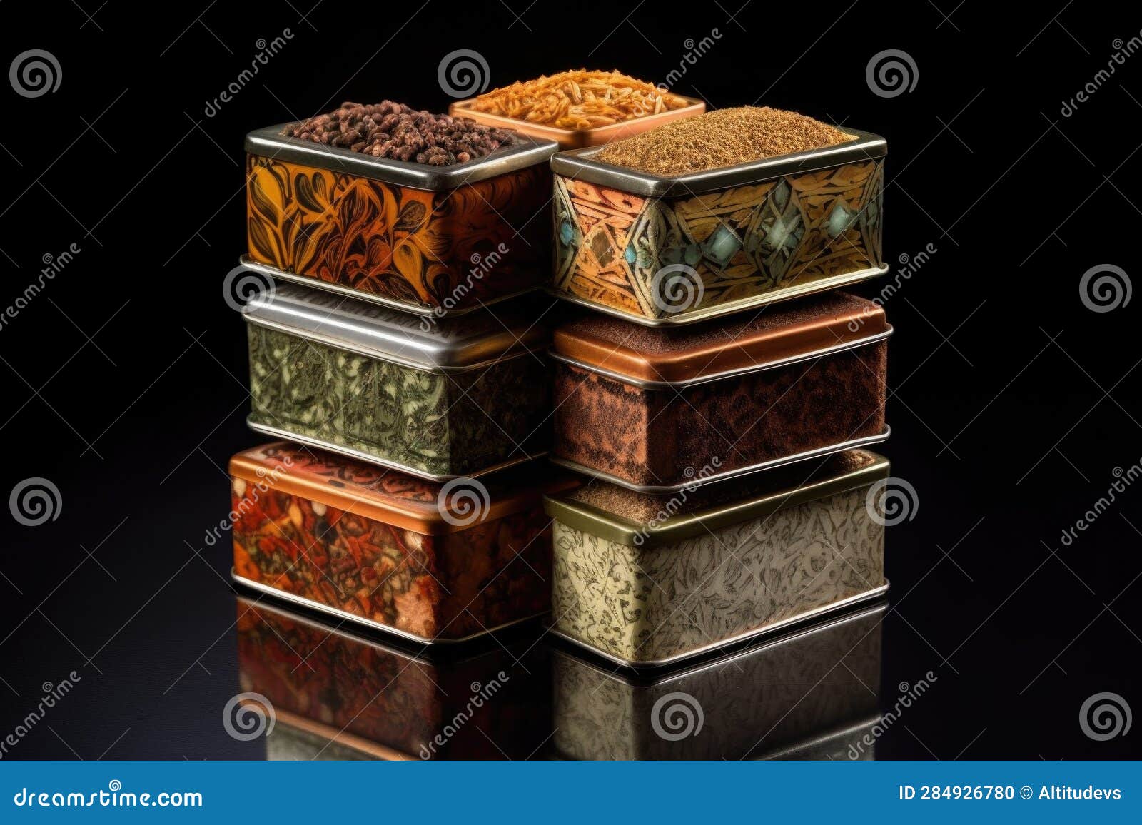 Exotic Spice Mixtures in Decorative Metal Boxes Stock Illustration ...