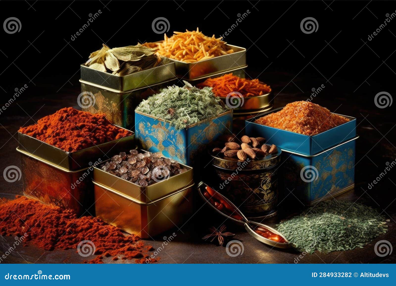 Exotic Spice Mixtures in Decorative Metal Boxes Stock Illustration ...