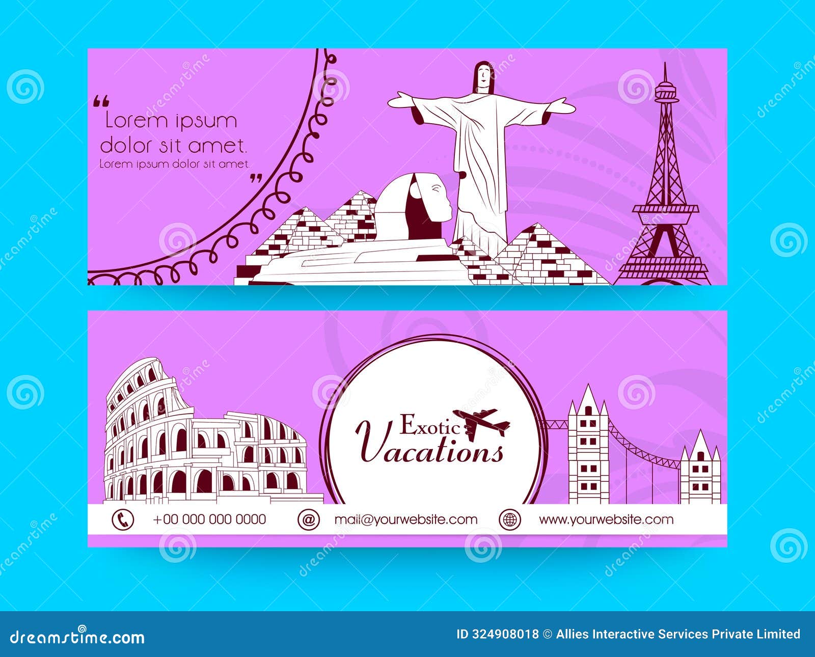 Exotic Vacations Banner or Header Design with World S Famous Landmarks ...
