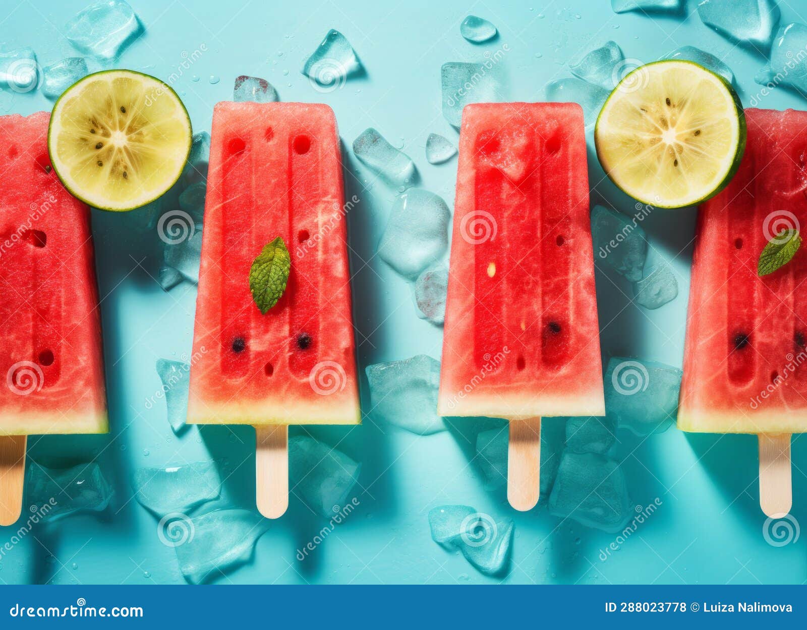 Exotic Watermelon Ice Cream Popsicles and Pieces of Ice on a Blue ...