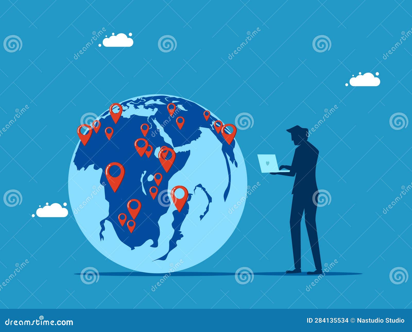 Expand Business Around the World. Man Pinning Branches on Global Map ...