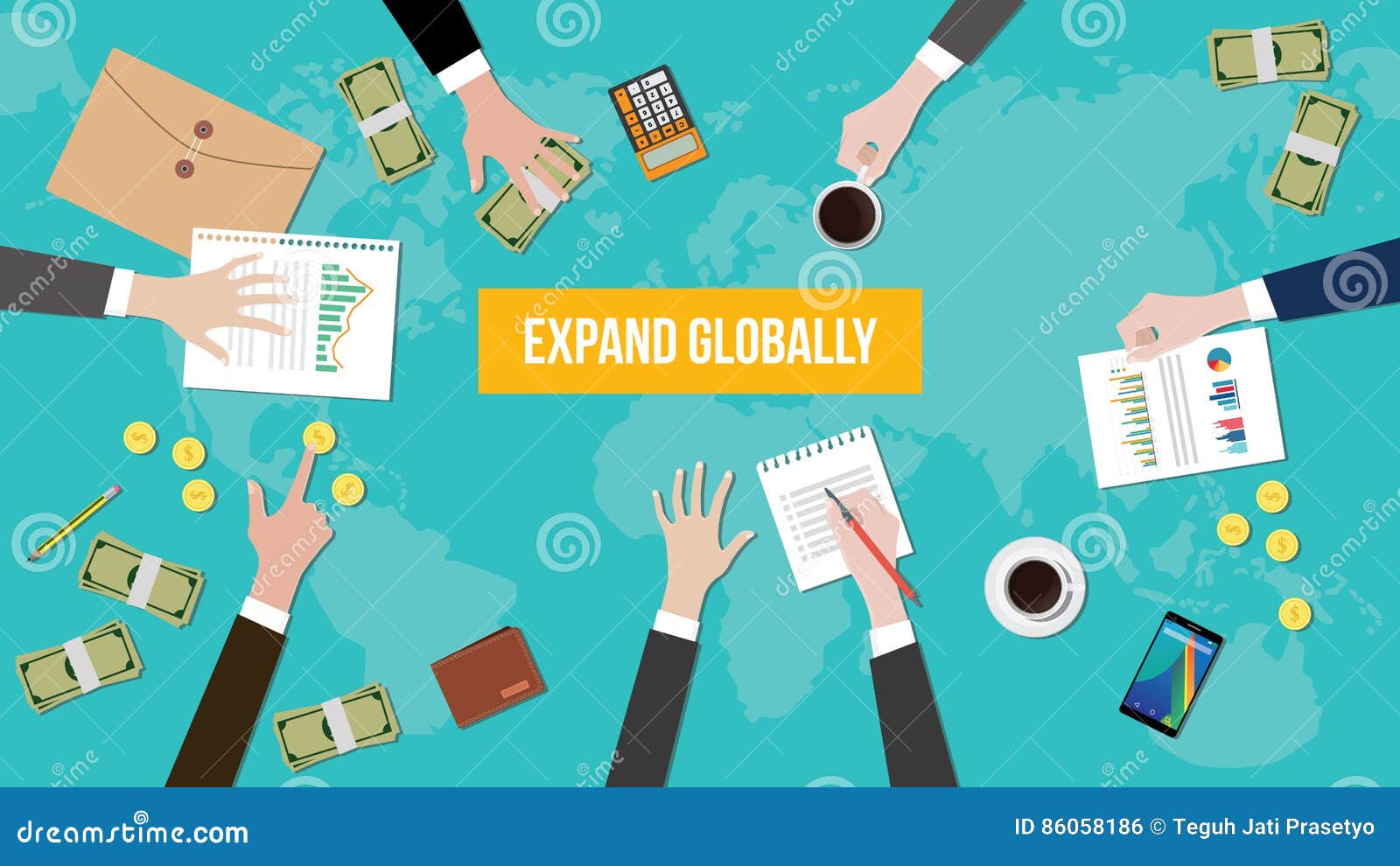 Expand Globally Concept Discussion Illustration with Paperworks, Money ...