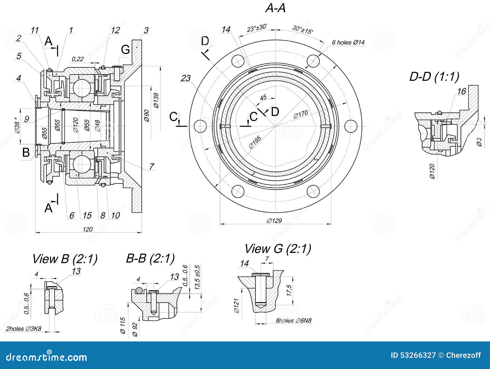 Expanded Bearing Sketch. Engineering Drawing Stock Vector ...