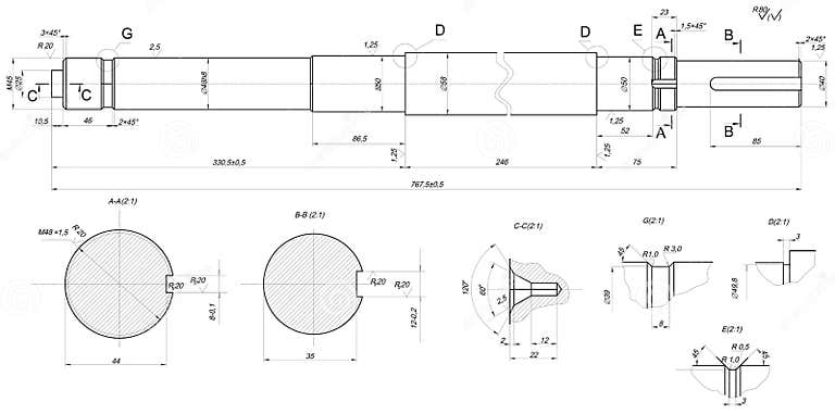 Expanded Shaft Sketch with Element Sections Stock Vector - Illustration ...