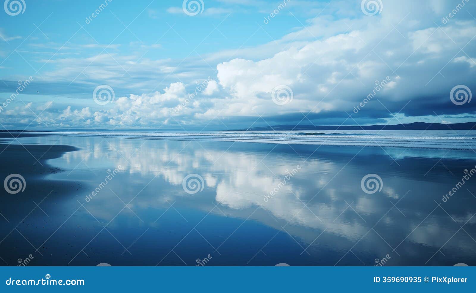 Expansive Beach Scene With A Reflective Water Surface Mirroring The ...