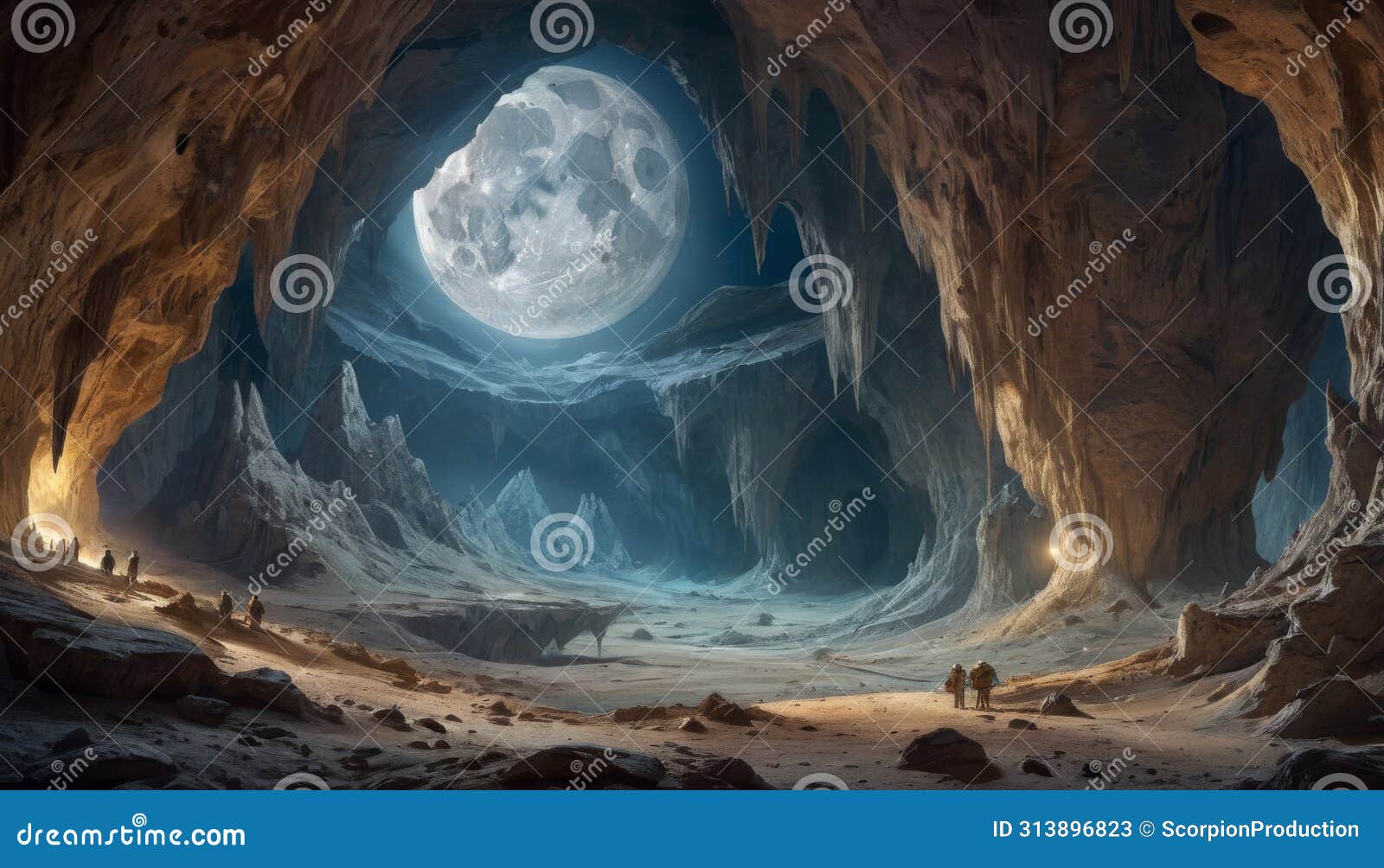Moonlit Cavern Vista stock image. Image of boulders - 313896823