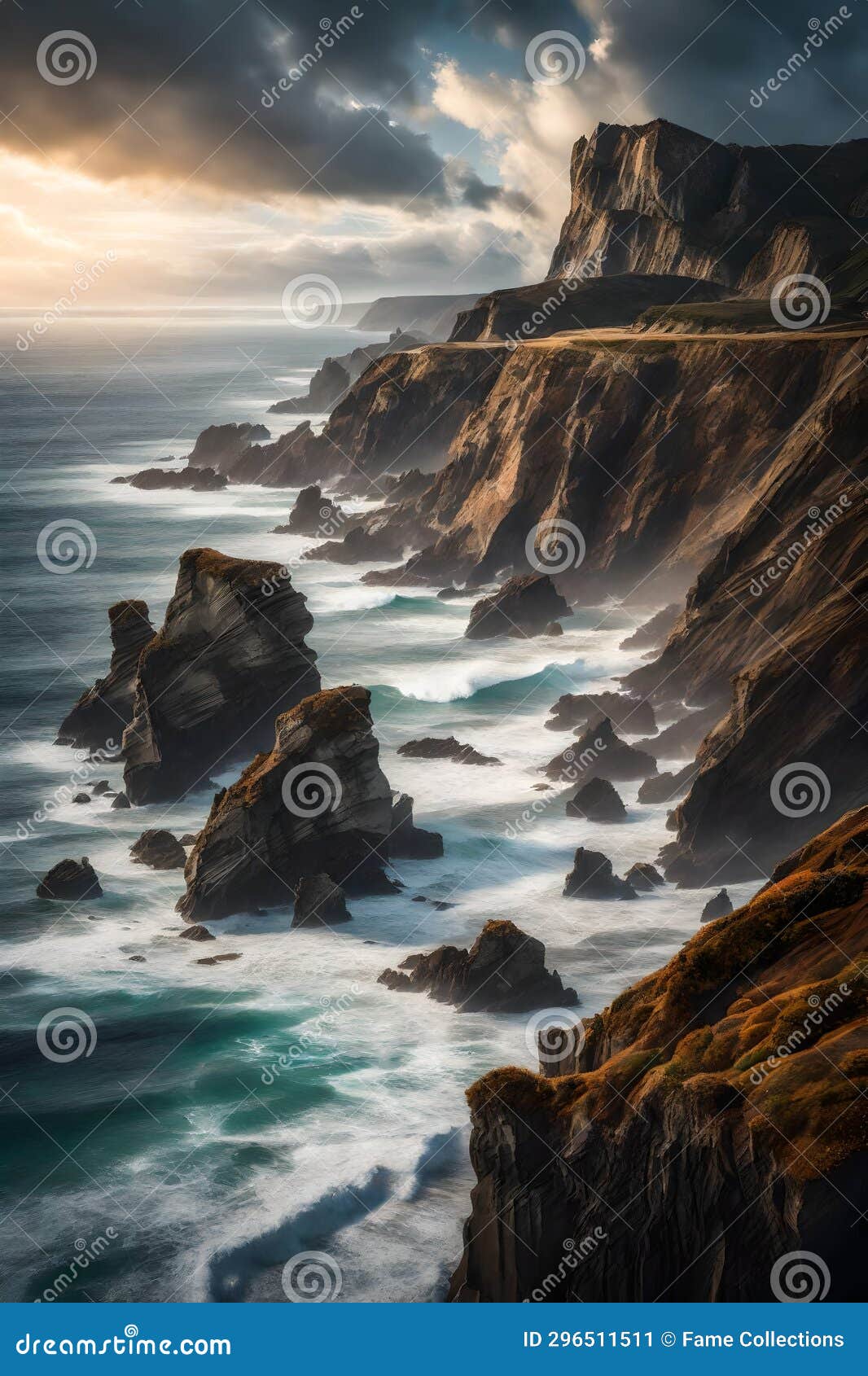 An Expansive Coastal Cliffside with Crashing Waves Below, Dramatic Rock ...