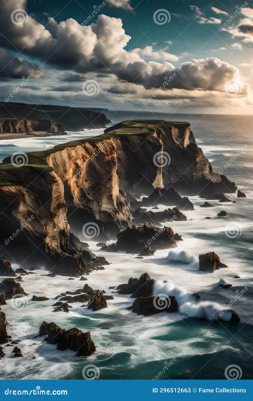 An Expansive Coastal Cliffside with Crashing Waves Below, Dramatic Rock ...