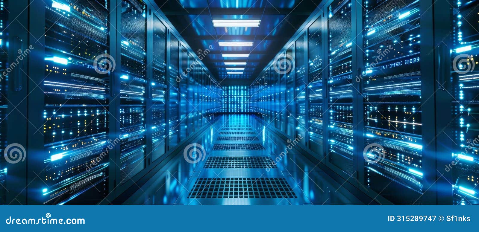 An Expansive Data Center Aisle Illuminated by a Captivating Blue Light ...