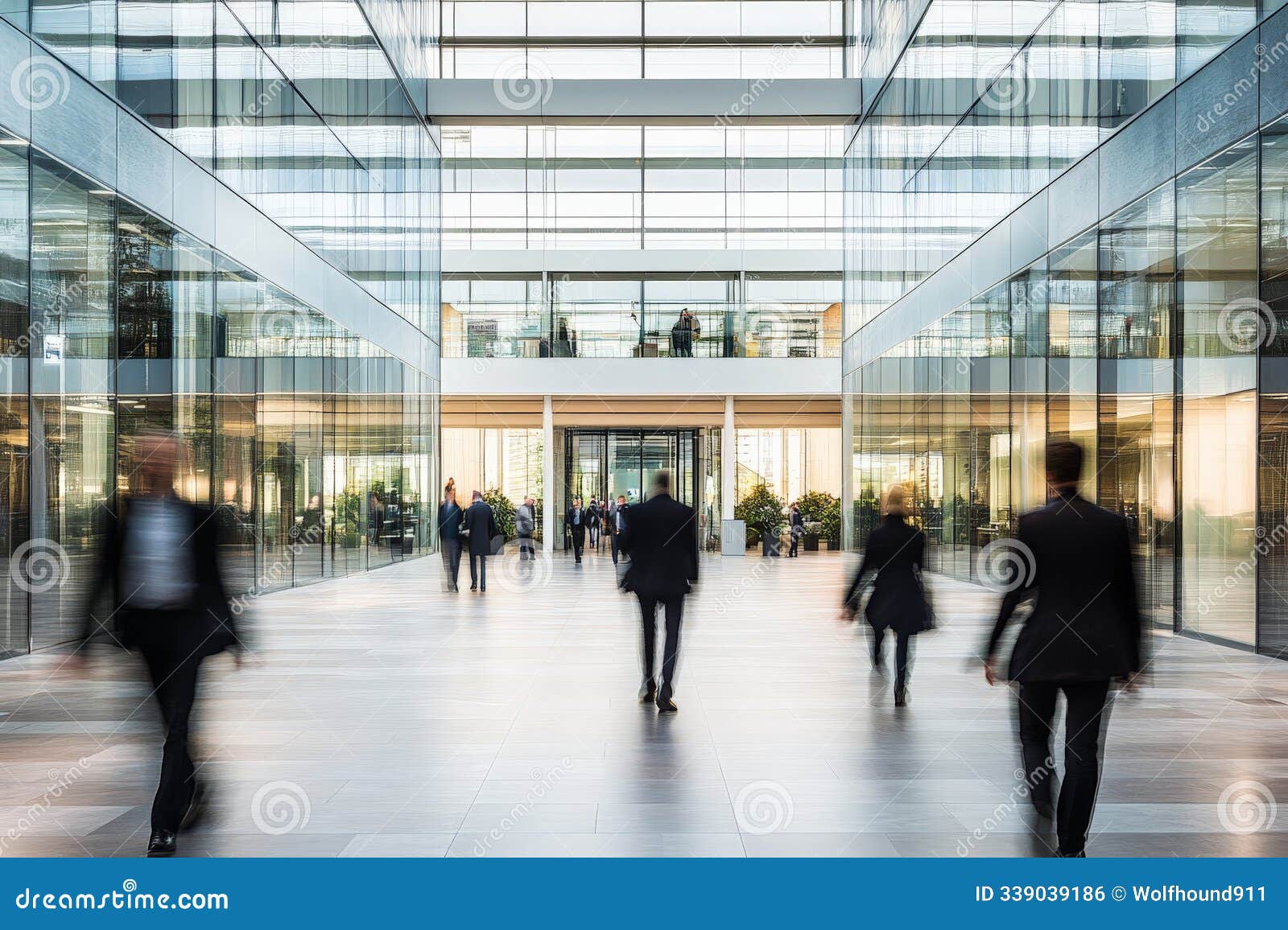An Expansive Office Complex with a Motion Blur Effect Capturing Workers ...