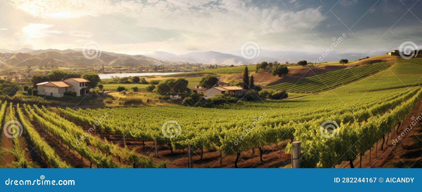 Expansive Panoramic Shot of a Sun-drenched Vineyard in the Countryside ...