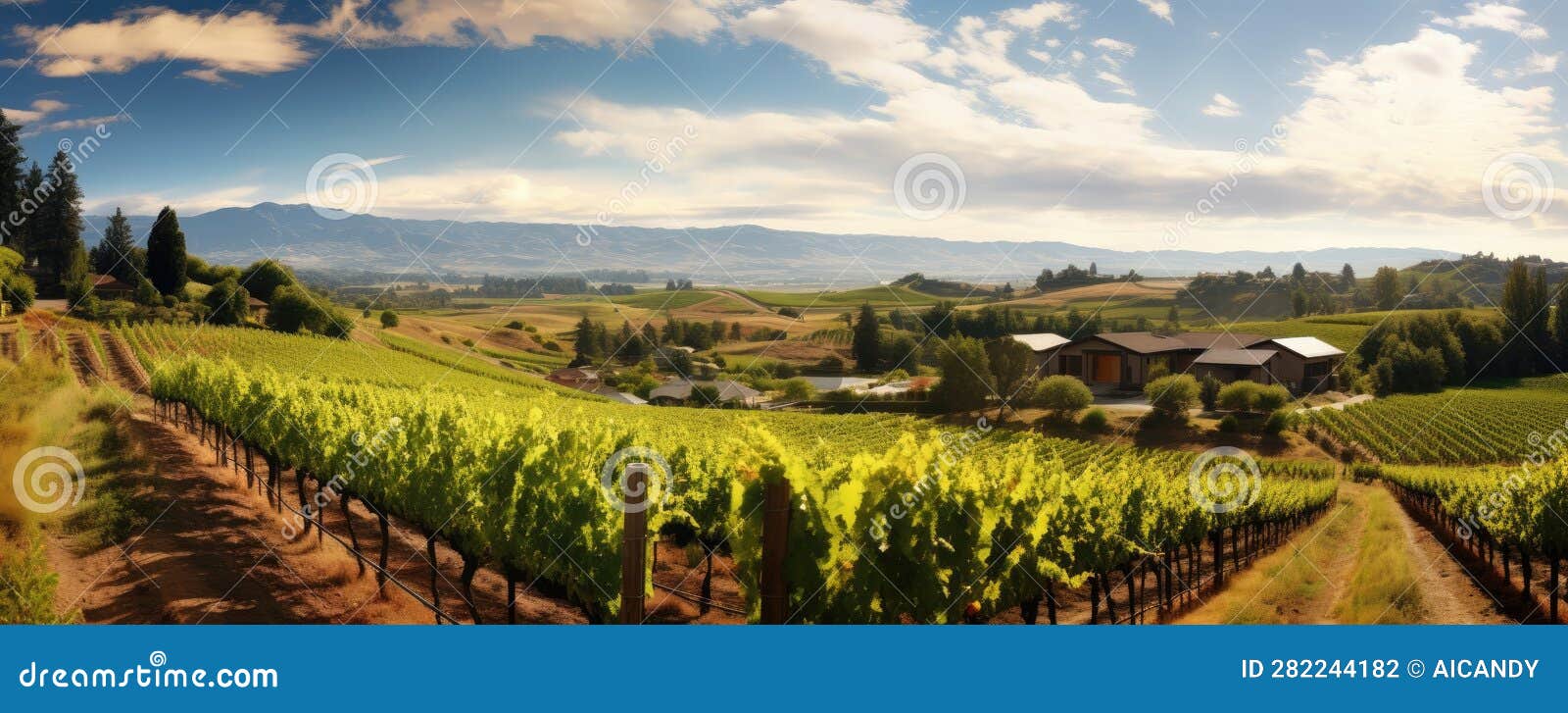 Expansive Panoramic Shot of a Sun-drenched Vineyard in the Countryside ...