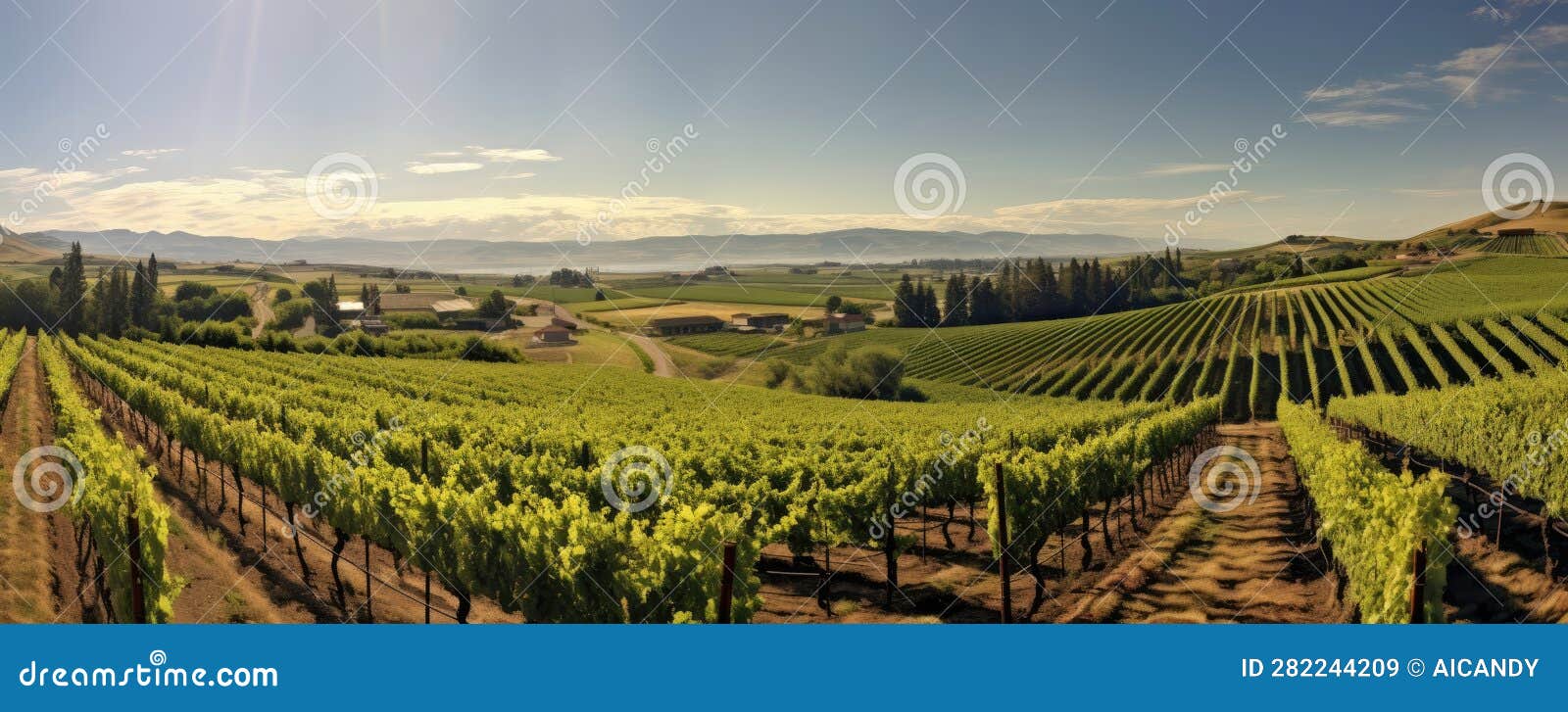 Expansive Panoramic Shot of a Sun-drenched Vineyard in the Countryside ...