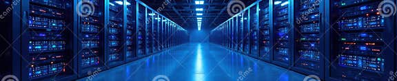 Expansive Server Hall Rows of Blue and Black Mainframes Management Network Blue Stock ...