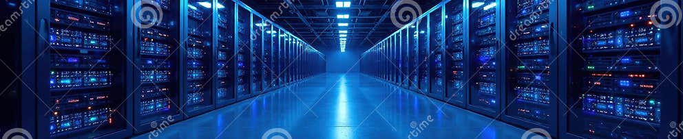 Expansive Server Hall Rows of Blue and Black Mainframes Management ...