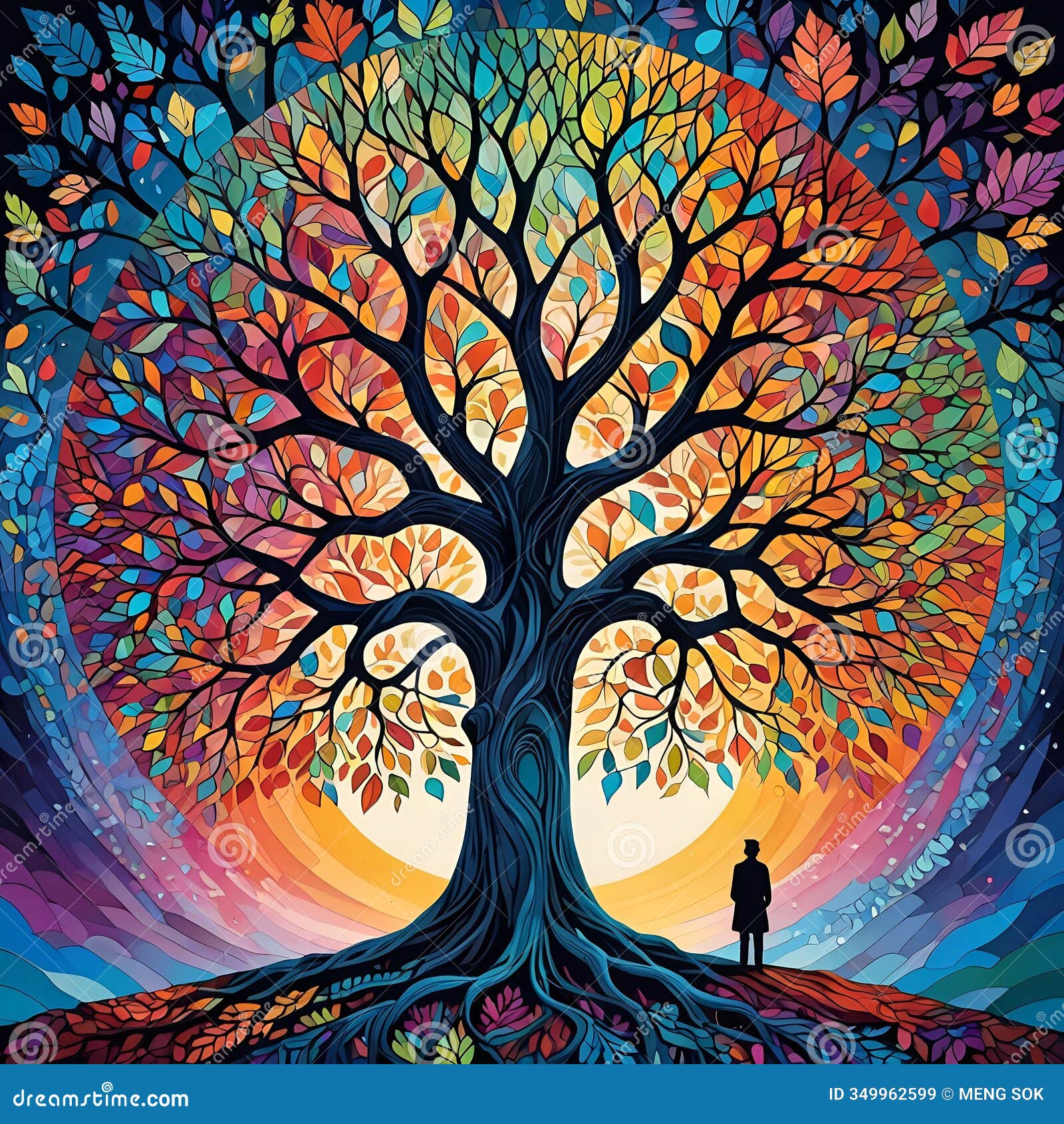 An Expansive Tree with a Vast Array of Colorful Leaves, Encircled by a ...