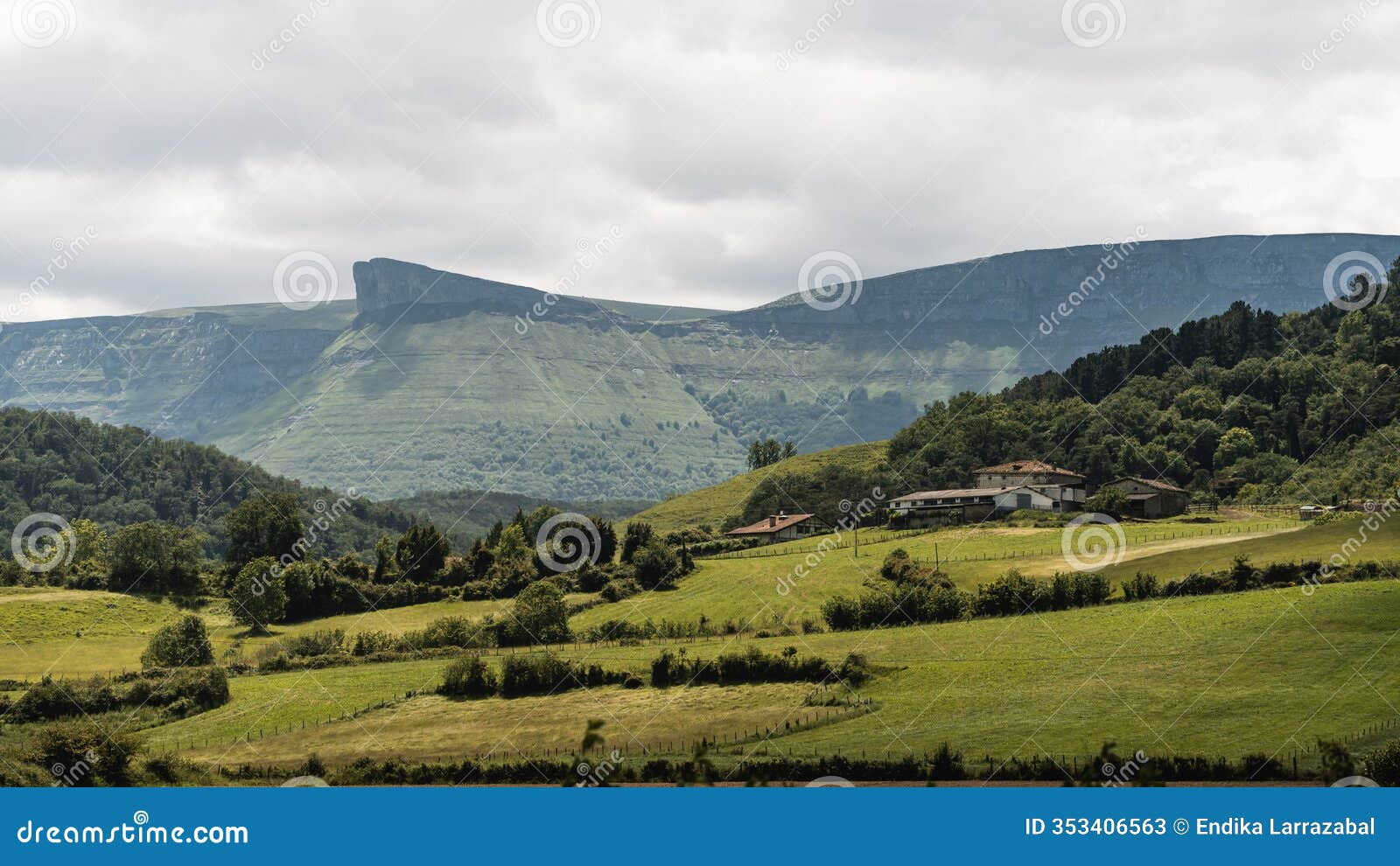 Expansive View of Green Fields and Traditional Homes in Basque Country ...