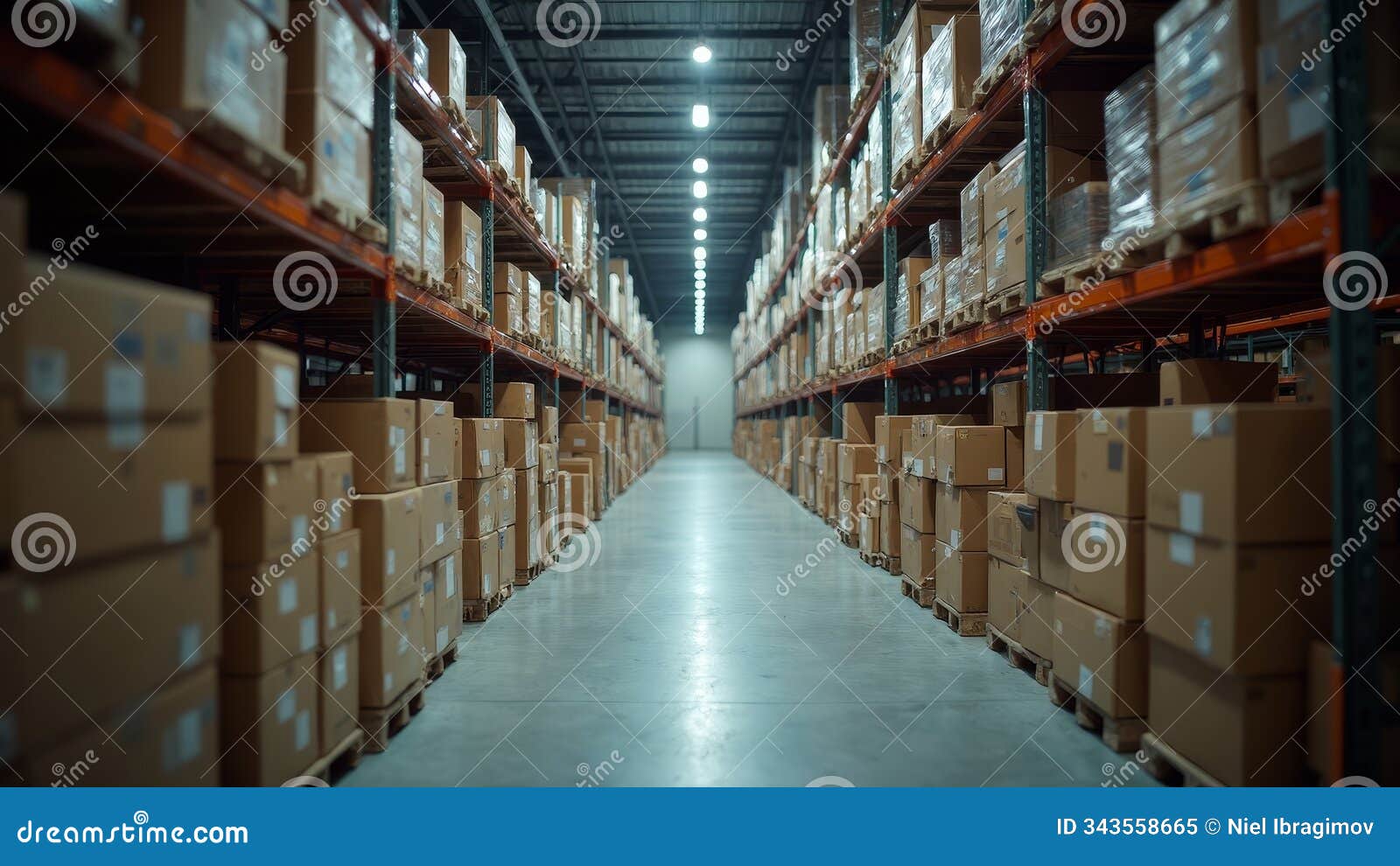 Expansive Warehouse Aisle with Stacked Boxes Under Bright Overhead ...