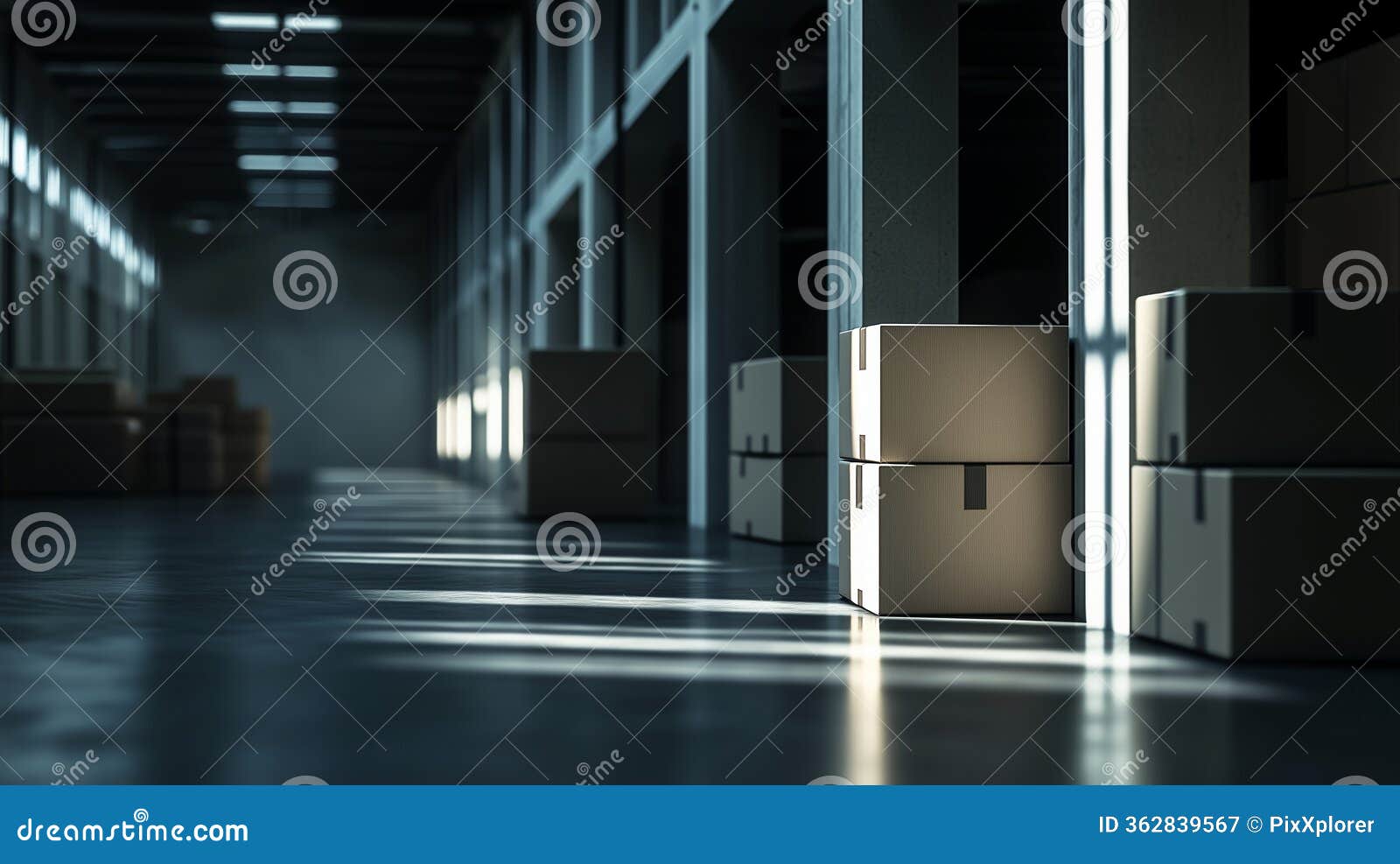 An Expansive Warehouse Interior Featuring Large Cardboard Boxes Stacked ...