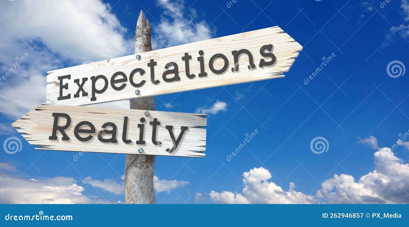 Expectations, Reality - Wooden Signpost with Two Arrows Stock ...
