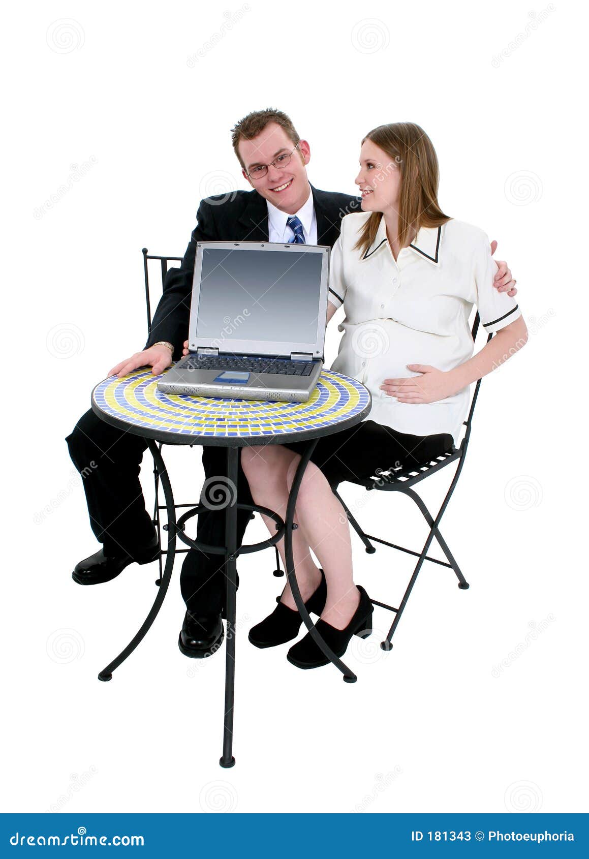 Expecting Couple Sitting at Table with Computer Stock Image - Image of ...