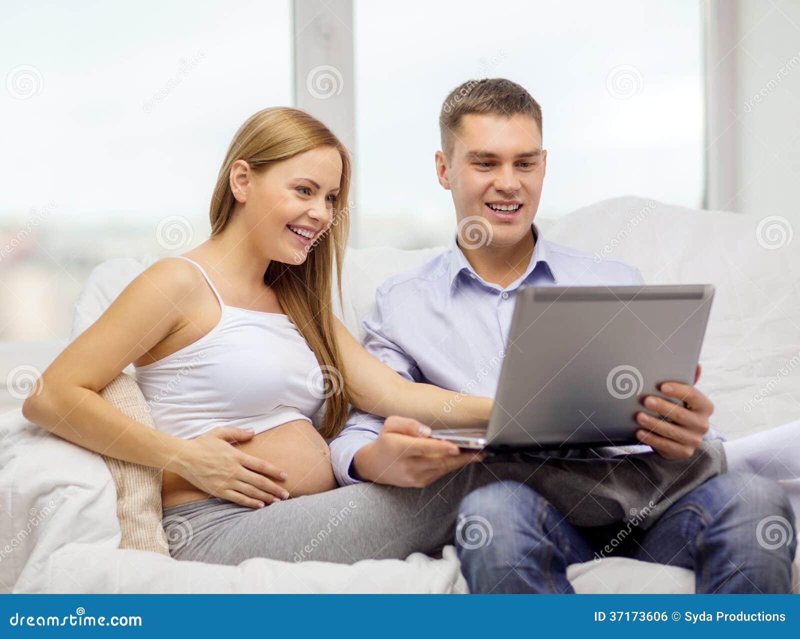 Expecting Family with Laptop Computer Stock Photo - Image of parenthood ...