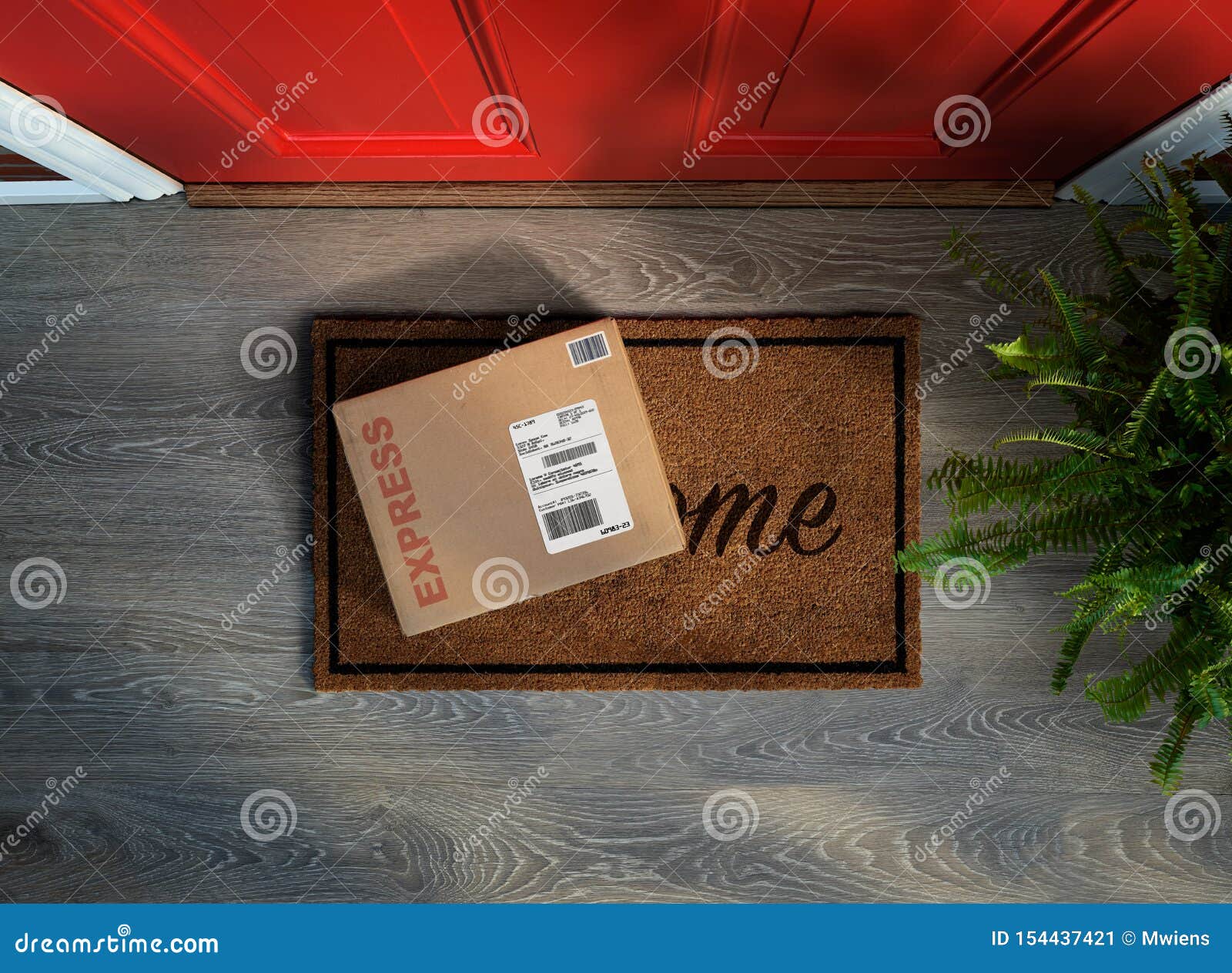 Express Box Delivered Outside Residential Front Door. Stock Image ...
