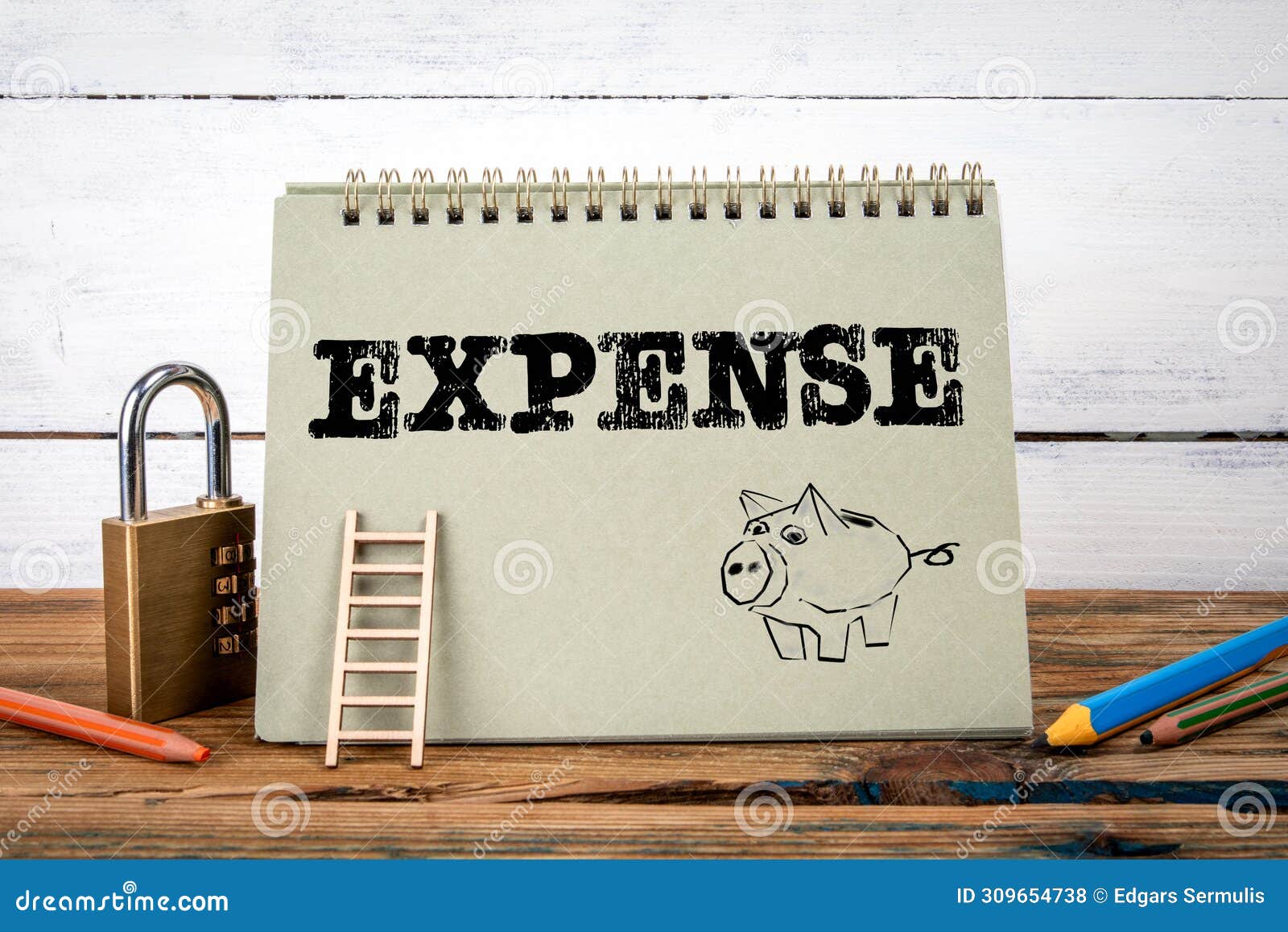 EXPENSE. Green Notepad on Wooden Texture Table and White Background ...