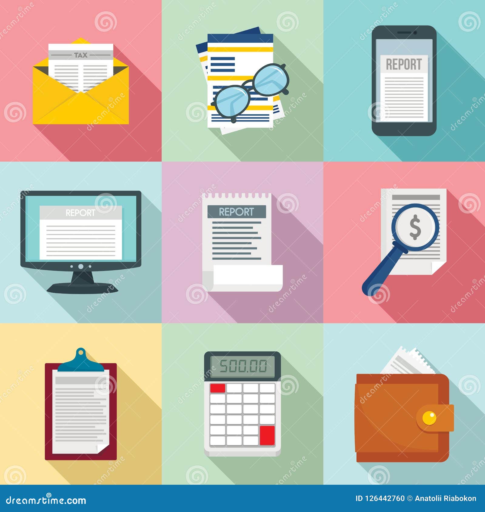 Expense Report Icon Set, Flat Style Stock Vector - Illustration of ...