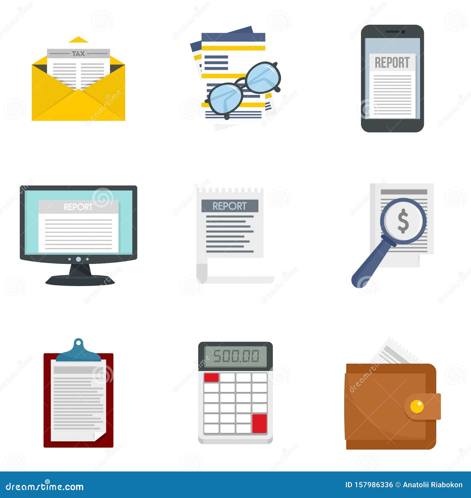 Expense Report Icon Set, Flat Style Stock Vector - Illustration of ...