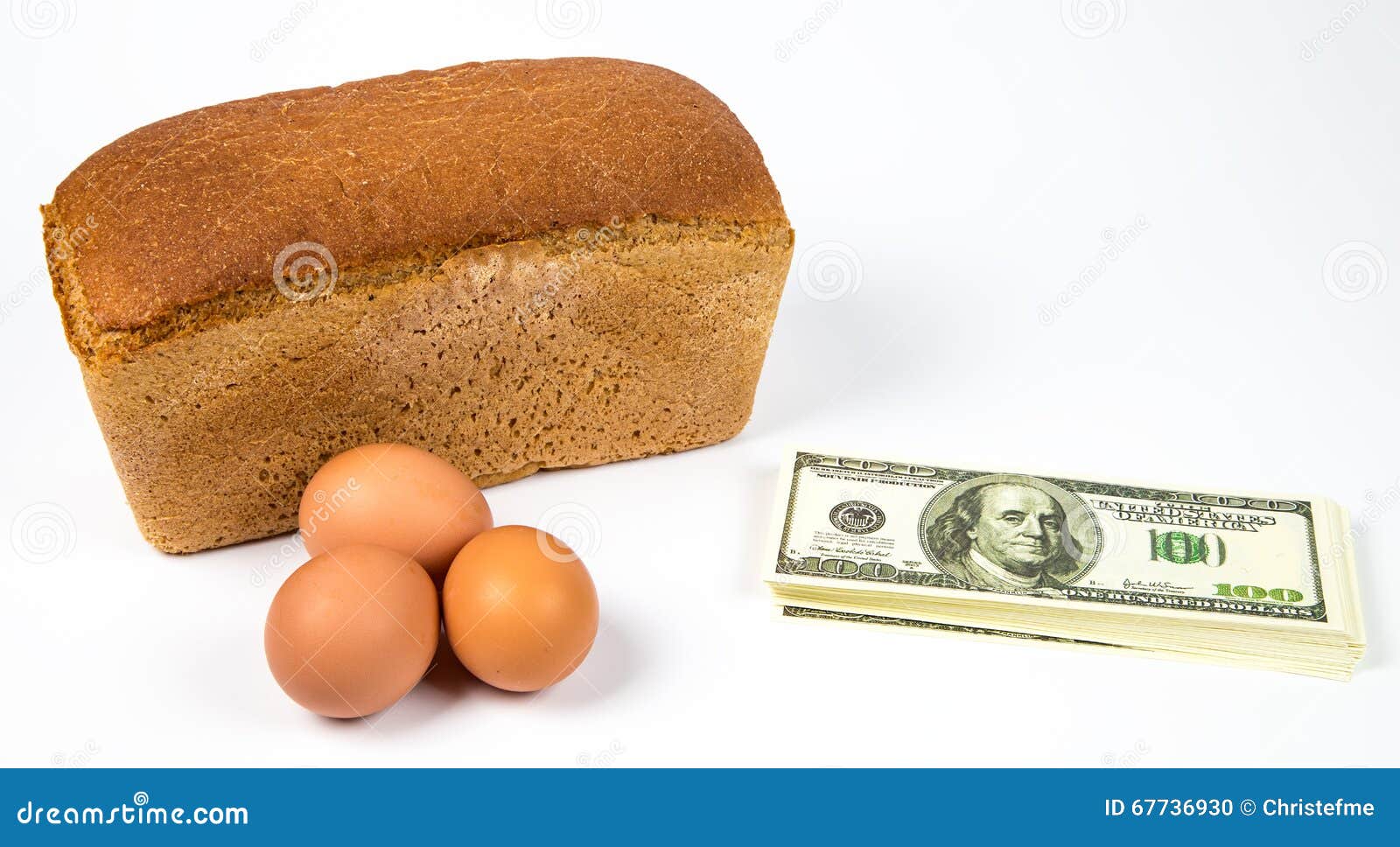 Expensive Eggs, Bread and Money Stock Photo - Image of isolated, white ...