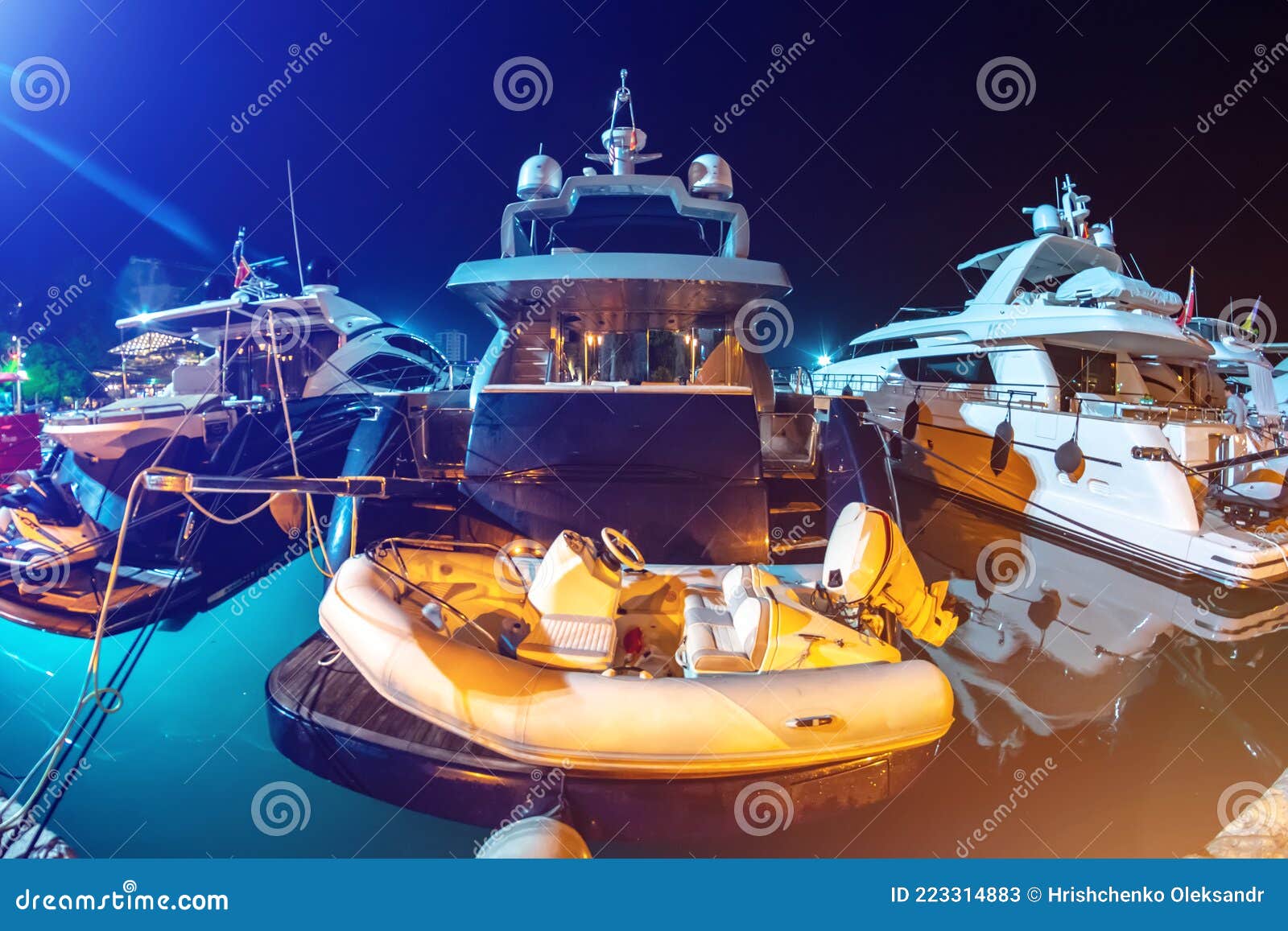 Expensive Yachts on the Pier at Night. Back View Editorial Stock Photo ...