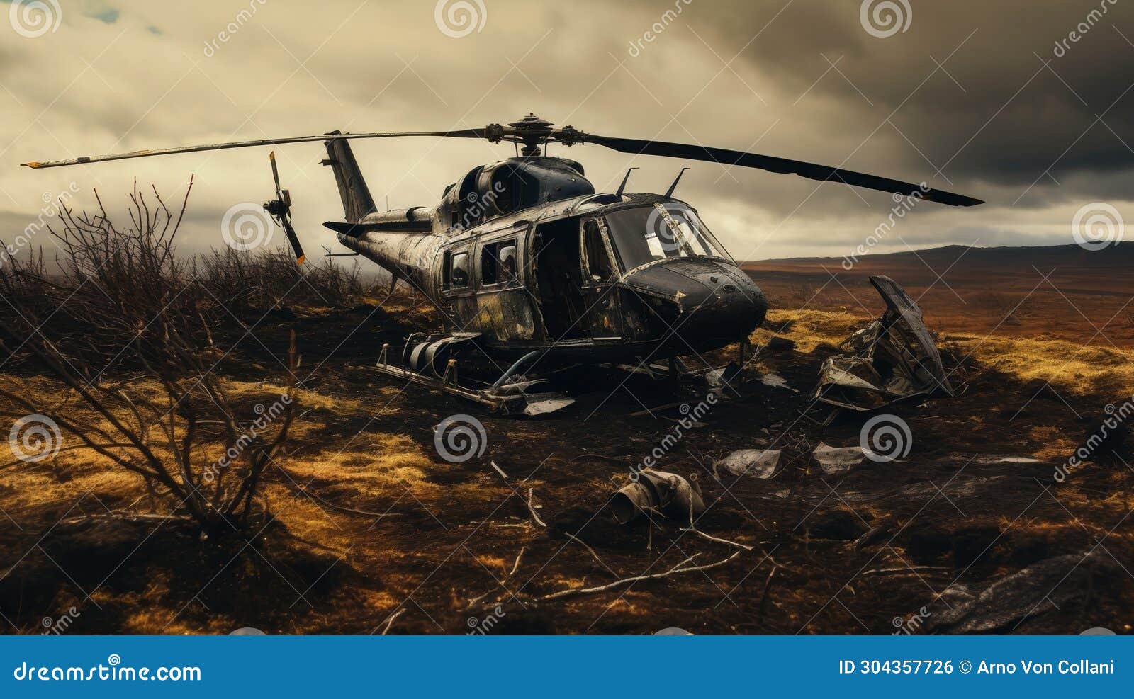 Wreckage Unveiled: Charred Remains of a Downed Helicopter Stock ...