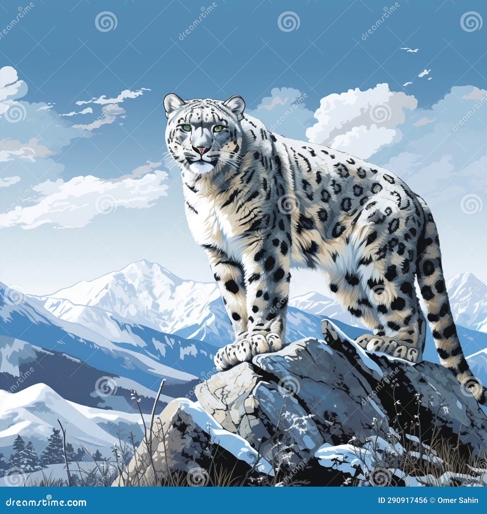 Majestic Snow Leopard Perching on a Rocky Pinnacle in a Snowy Landscape ...