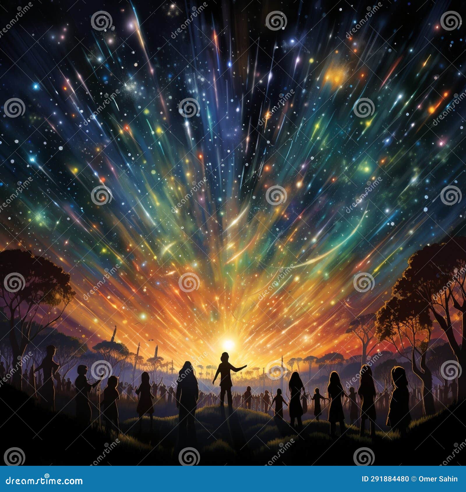 Celestial Performance: Meteor Shower Symphony Stock Illustration ...