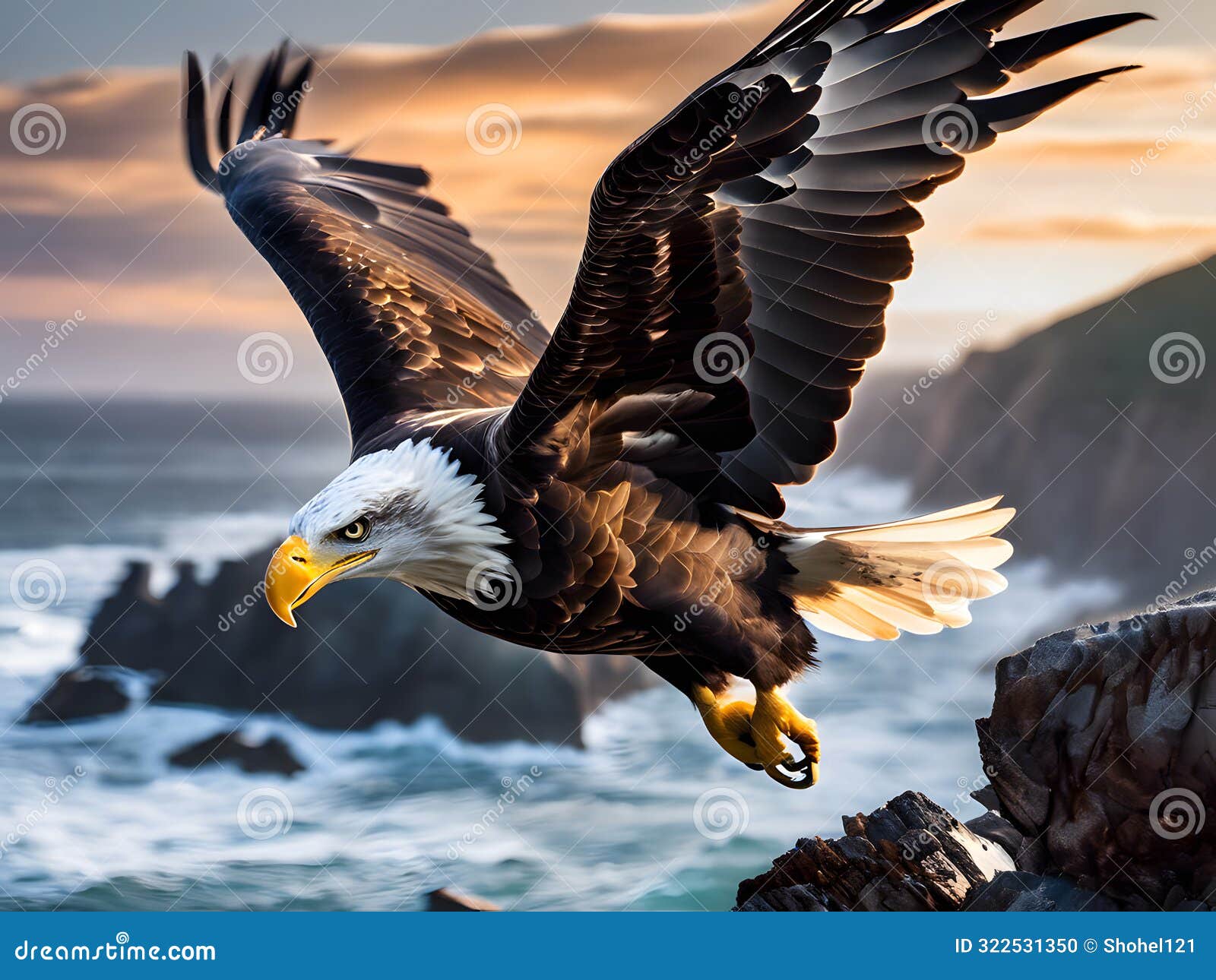 Epic Bald Eagle Soaring Over Rugged Coastline Stock Illustration ...