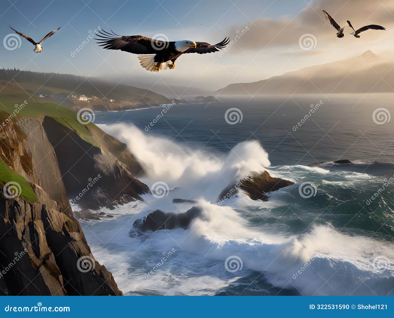Epic Bald Eagles Soaring Over Dramatic Coastal Cliffs Stock ...