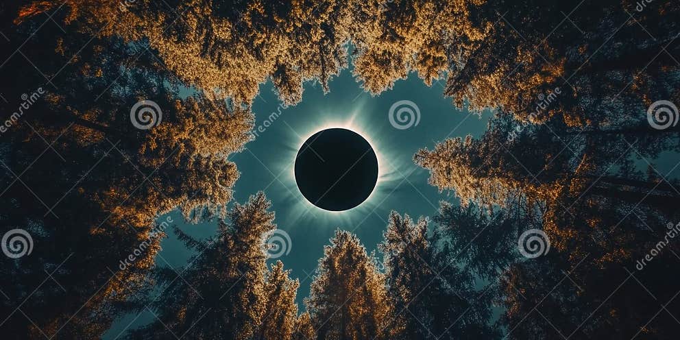A Stunning View of a Solar Eclipse Framed by Tall Trees. the Darkened ...