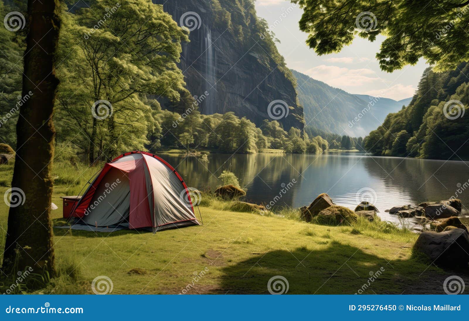 Experience the Beauty of Camping by a Waterfall Stock Illustration ...