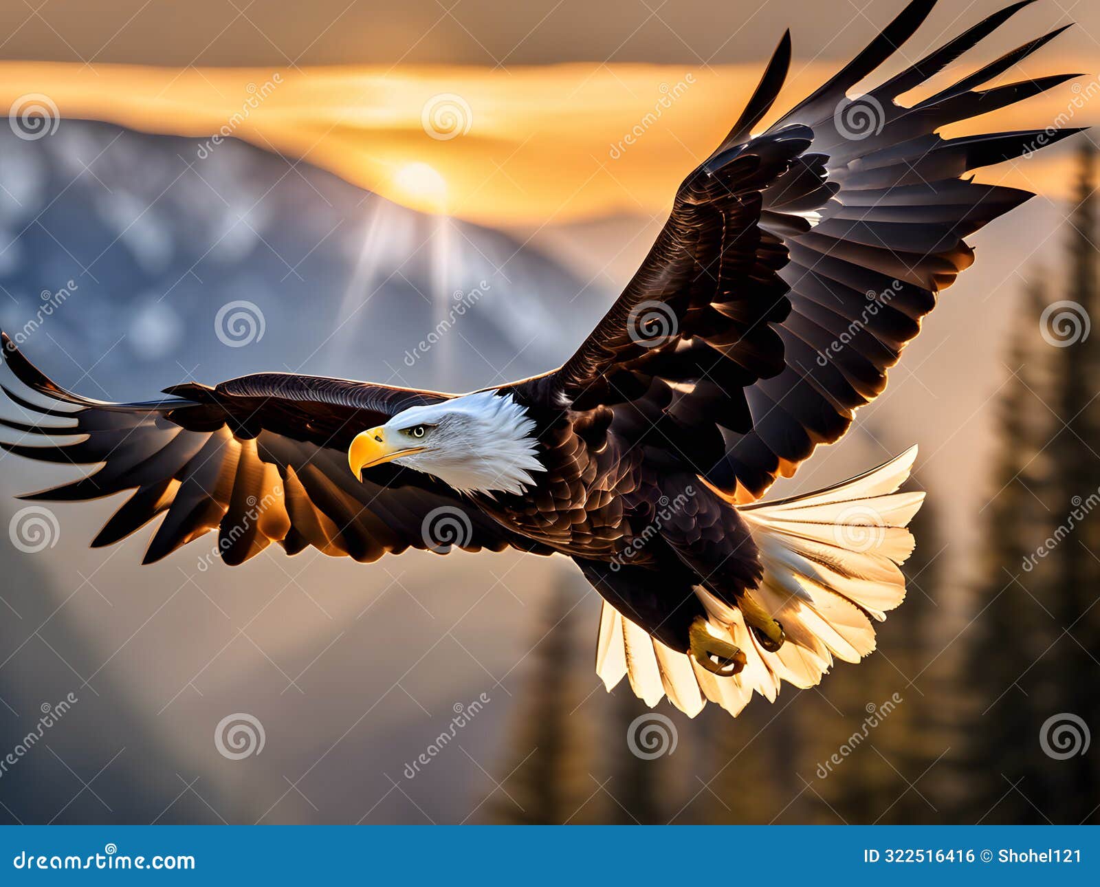 Majestic Bald Eagle Soaring Over Sunset Mountains High-Definition AI ...