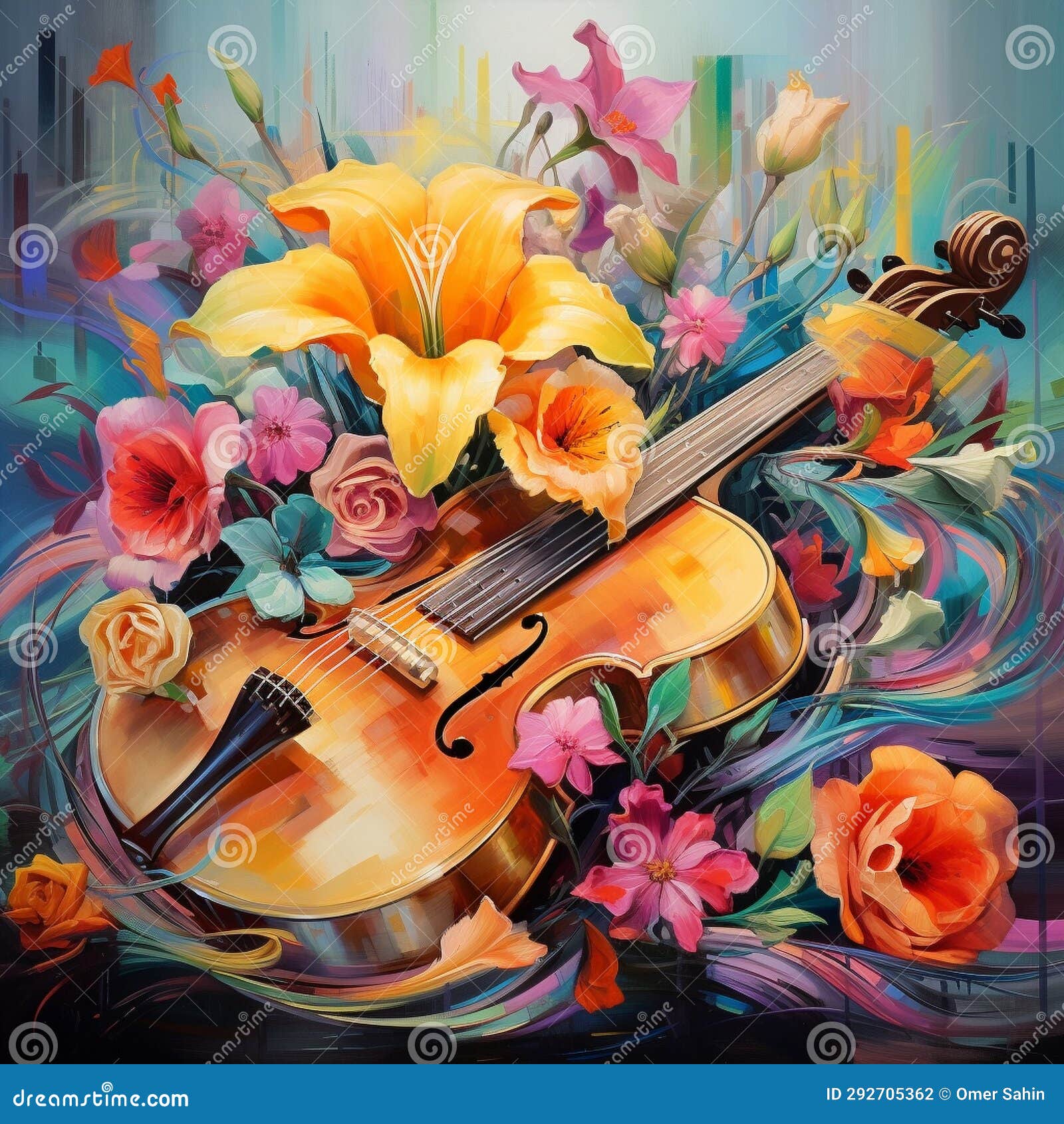 Vibrant Flower Blooming Amidst Musical Instruments Stock Photo - Image ...